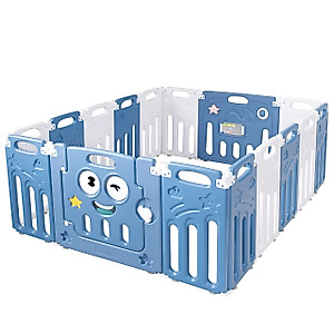 Costzon Foldable Baby Playpen, 16-Panel Baby Play Yards with Lock Door & Anti-Slip Rubber Bases, Indoor Outdoor Safety Baby Fence with Adjustable Shape for Children Toddlers (16 Panel, Blue + White)