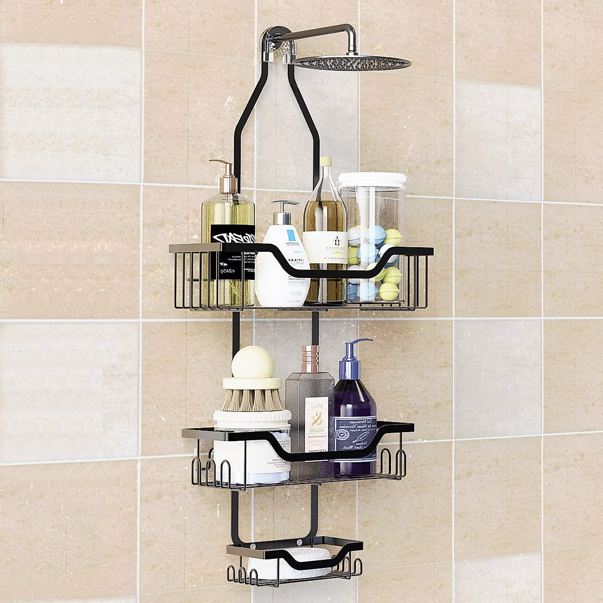 KLEVERISE Shower Caddy Over Shower Head Bathroom Hanging Shower Organizer, Shower Storage Rack Basket with Hooks for Razor and Sponge Rustproof