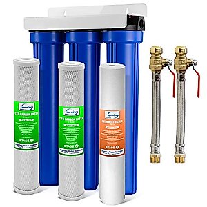 iSpring WCB32O+AHPF12MNPT12X2 3-Stage Whole House Water Filtration System w/ 20” x 2.5” Oversized Fine Sediment and Carbon Block Filters and 3/4" Push-fit Stainless Steel Hose Connectors, Blue