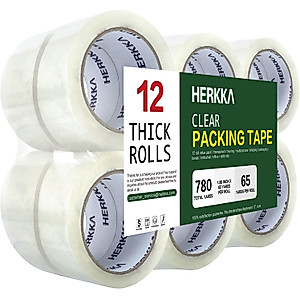 Clear Packing Tape, HERKKA 12 Rolls Heavy Duty Packaging Tape for Shipping Packaging Moving Sealing, Thicker Clear Packing Tape, 1.88 inches Wide, 65 Yards Per Roll, 780 Total Yards