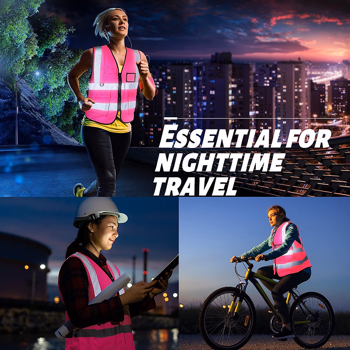 EBOOT 10 Pcs Safety Vests High Visibility Safety Vest with Reflective Strips, Neon Vest Construction Vest with Pockets (Pink)