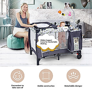 HONEY JOY Portable Baby Playard, 3-in-1 Pack and Play with Infant Bassinet, Diaper Changer & Toy Bar, Lockable Wheels, Toddler Play Yard w/Carry Bag Gray