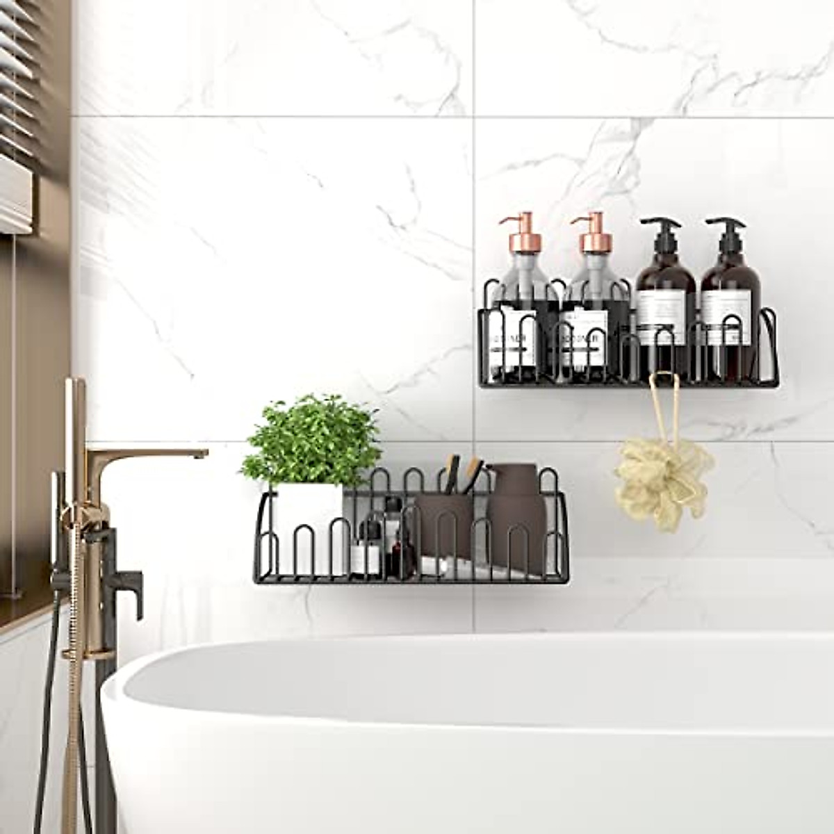 Roseyat Wire Shower Caddy Shower Shelves With 18 Hooks, Shower Shelf for Inside Shower, Stainless Steel Bathroom Shower Organizer, 2 Packs Shower Rack for Inside Shower, Bathroom, Kitchen, Matt Black