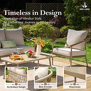 HERA'S HOUSE Patio Furniture Set, 2 x Cushioned Leg Chair, 3-Seat Sofa with Wood Grain Coffee Table, 5 Seats Luxury Windsor Style All Weahter Outdoor Sofa Conversation Set for Deck Lawn Backyard