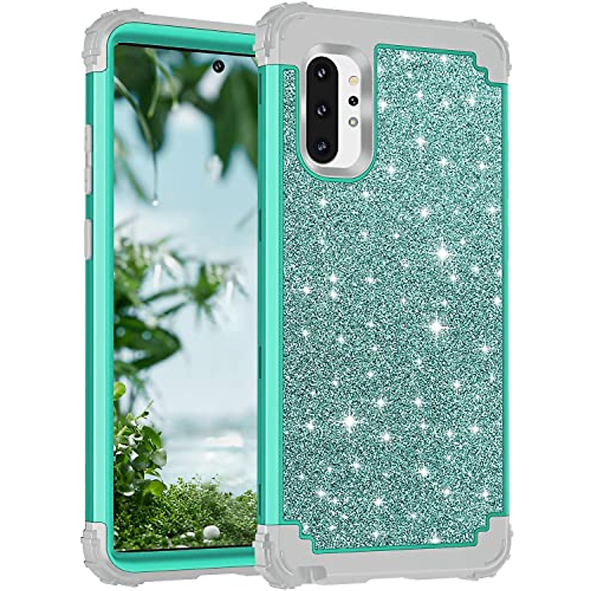 LONTECT for Galaxy Note 10 Plus 5G Case 3 in 1 Heavy Duty Hybrid Sturdy High Impact Shockproof Protective Cover Glitter Bling Case for Samsung Galaxy Note 10+ Plus/Note 10 Plus 5G,Shiny Green/Grey