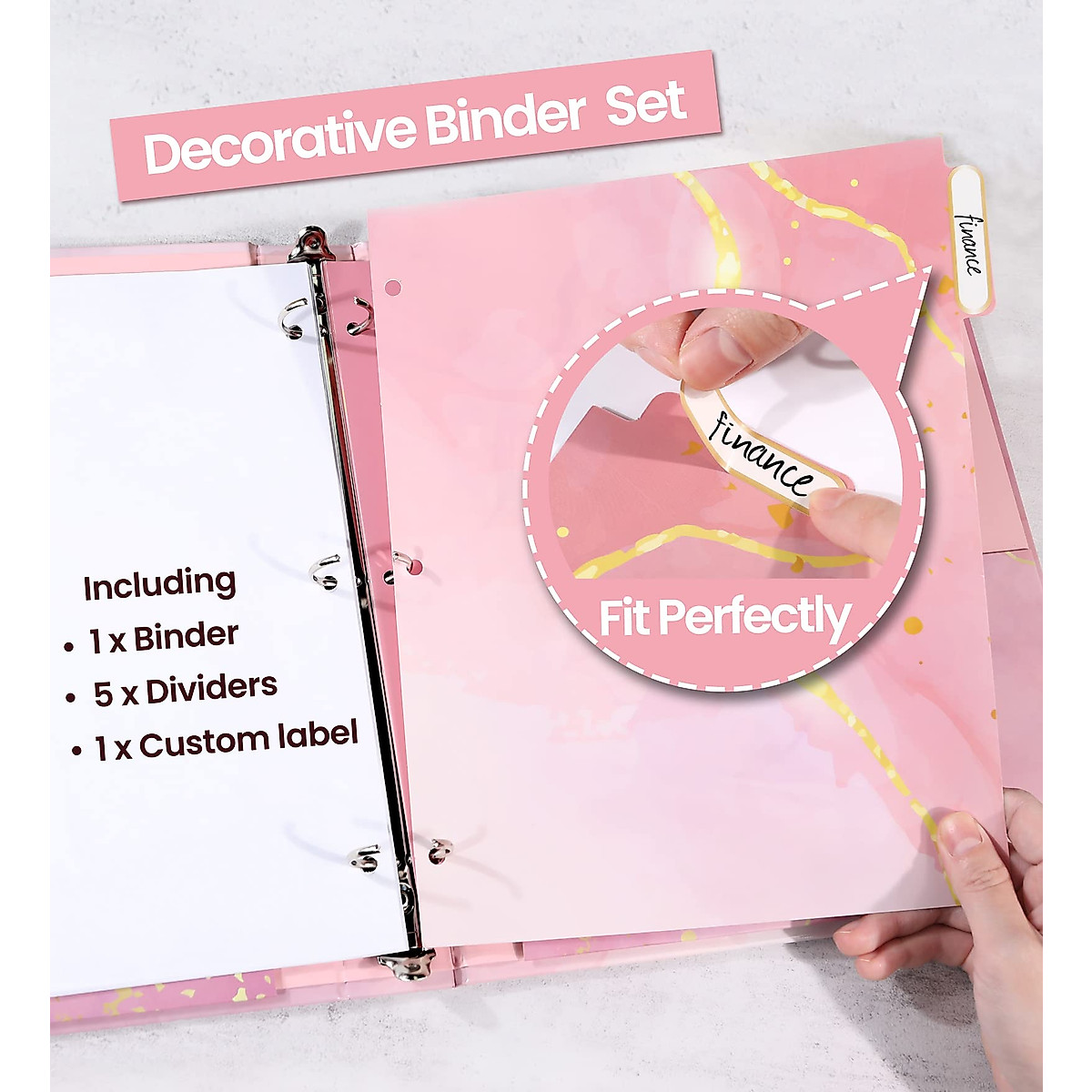 SUNEE 3 Ring Binder 1 Inch, Cute Binder with Clipboard, 2 Pockets, 5 Tab Dividers & Label Stickers, Decorative Pink Marble Heavy Duty Three Ring Binder (Fit 8.5x11 Inches) for Office Binder Supplies