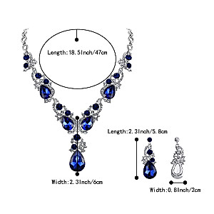 BriLove Wedding Bridal Necklace Earrings Jewelry Set for Women Multi Teardrop Cluster Crystal Statement Necklace Dangle Earrings Set Navy Blue Sapphire Color Silver-Tone.