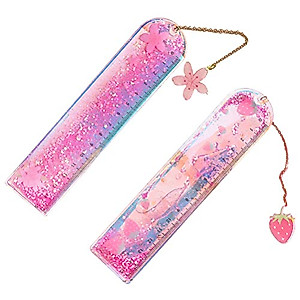 NUOBESTY 2pcs Quicksand Student Stationery Bookmark Ruler Cute Measurement Decoration Ruler Flow Sand Bookmark rulers Girl Drawing Template Cute Page Markers for Girls, Ladies, Children