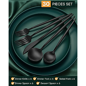 EUIRIO 30-Piece Silverware Set for 6, Stainless Steel Flatware Set Matte Black, Modern Brushed Thick Cutlery Set with Spoons Forks and Knives, Utensil Sets for Home Kitchen Hotel, Dishwasher Safe