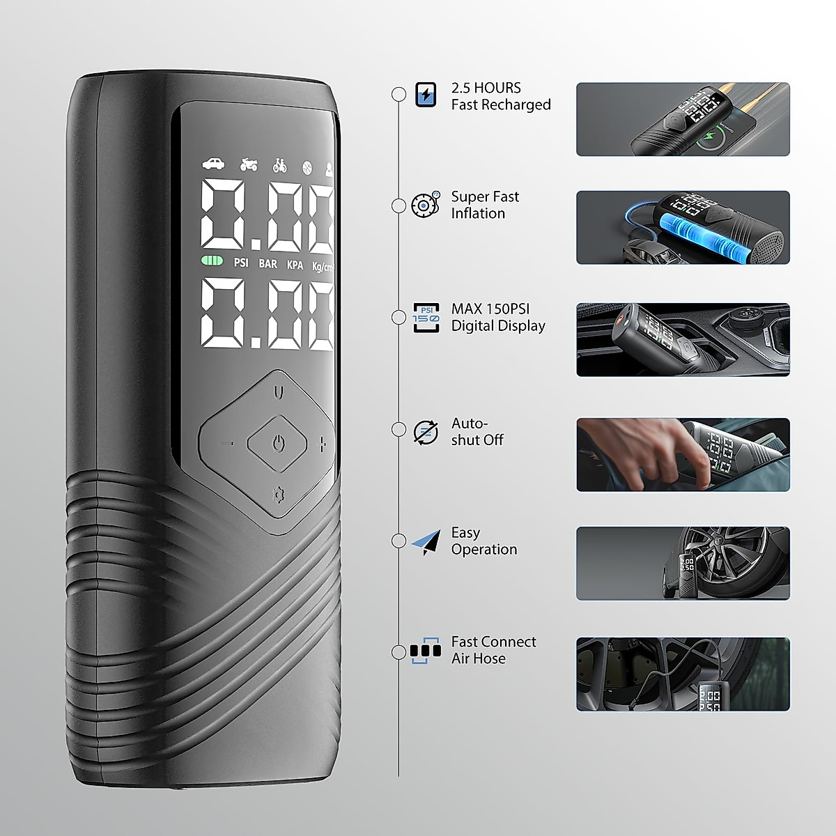 Vxdas Tire Inflator Portable Air Compressor 15000mAh Car Accessories Auto Air Pump 150PSI 3X Fast Inflation Smart Tire Pump for Car Motorcycles Bike Ball