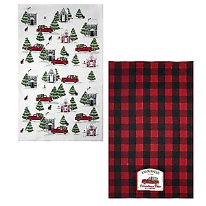 St. Nicholas Square Kitchen Hand Towels, Set of 2, Farm Fresh Christmas Trees Appliqued Embroidery Red Truck, Red and Black Buffalo Plaid Flat Cotton Dishtowels for Home Decorating