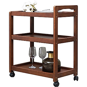 Durable Simple Solid Rolling Cart Bar Cart 3 Layers Dining Cart Wooden Bracket Solid Wood Tray 4 Universal Wheels with Locking Wheels Practical