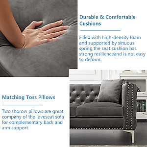 mikibama Velvet Sofa Set, Jeweled Button Tufted 3 Seater Couch and Loveseat with Nailhead Trim and 4 Pillows Square Arm Sofa with Metal Legs for Living Room (Gray)