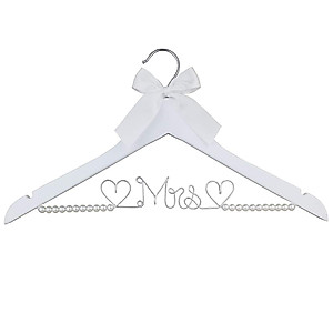 Bridal Dress Hanger Solid Wood Dress Hangers Mrs Letter Hanger Wedding Gift (White Coat Hanger Silver Thread Pearl)