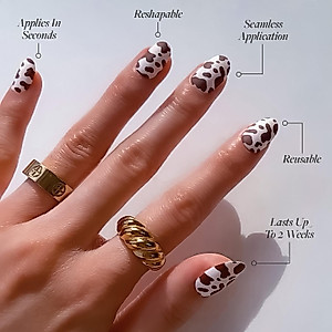 Glamnetic Press On Nails - Chocolate Milk | UV Finish Short Round Brown Cow Print Nails, Reusable | 15 Sizes - 30 Nail Kit with Glue