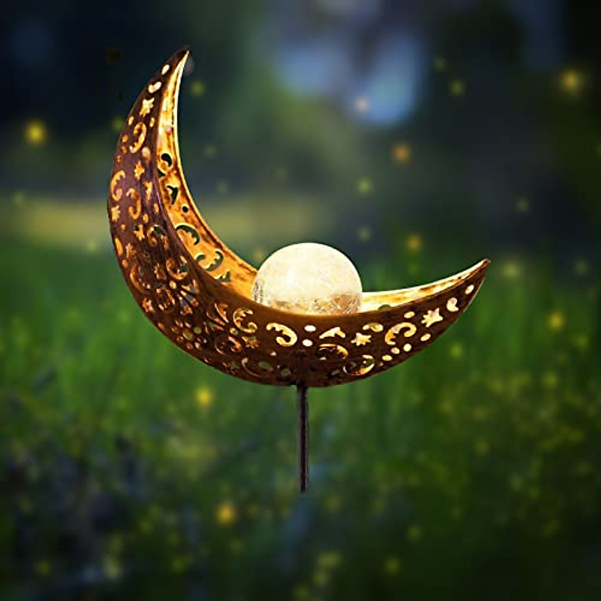 XVZ Solar Moon Crackle Glass Globe Stake Metal Lights, 2 Pack Solar Powered Garden Decorations,Waterproof Outdoor Decorations for Walkway,Pathway,Lawn,Lawn,Patio or Courtyard