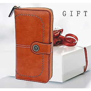 Mokoze Womens PU Leather Wallet Large Capacity Bifold Compact Credit Card Case Purse for Women with ID Window Zipper Pocket Leather Wallets Orange