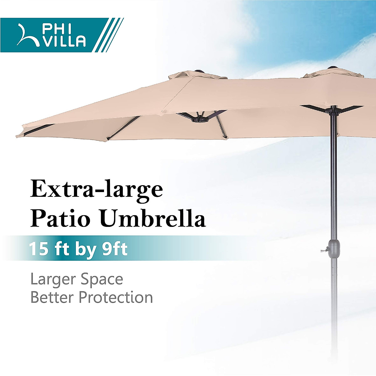 PHI VILLA 15ft Large Patio Umbrella with Base, Double-sided Outdoor Umbrella, Beige