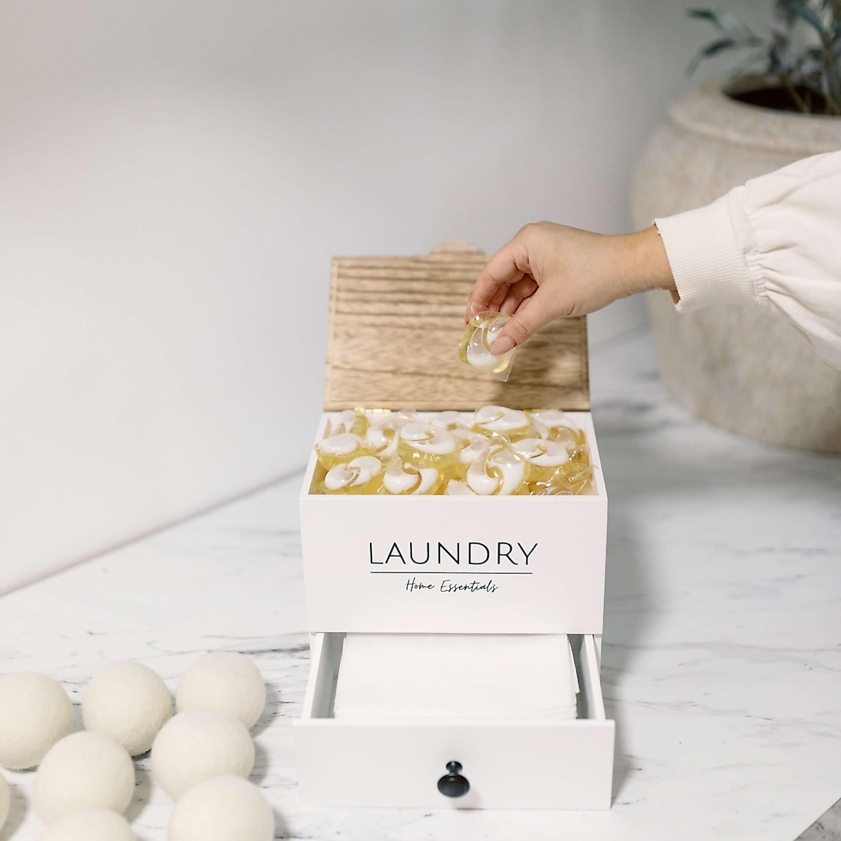 Modern Laundry Pods Container | Large Laundry Dryer Sheet Holder with Premium Sealed Lid | Wall Mount Lint Bin | Wood Dryer Sheets Holder | Laundry Sheets Holder | Dryer Sheet Dispenser