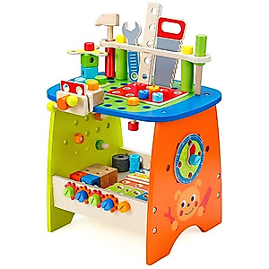 Ohuhu Tool Workench Toy Set, Kids Toy Play Workbench, Kids Wooden Tool Bench Workshop, Workbench with Tools Set (89 Piece Set), Wooden Construction Bench Toy for Boys Girls Age 3 4 5 6 7
