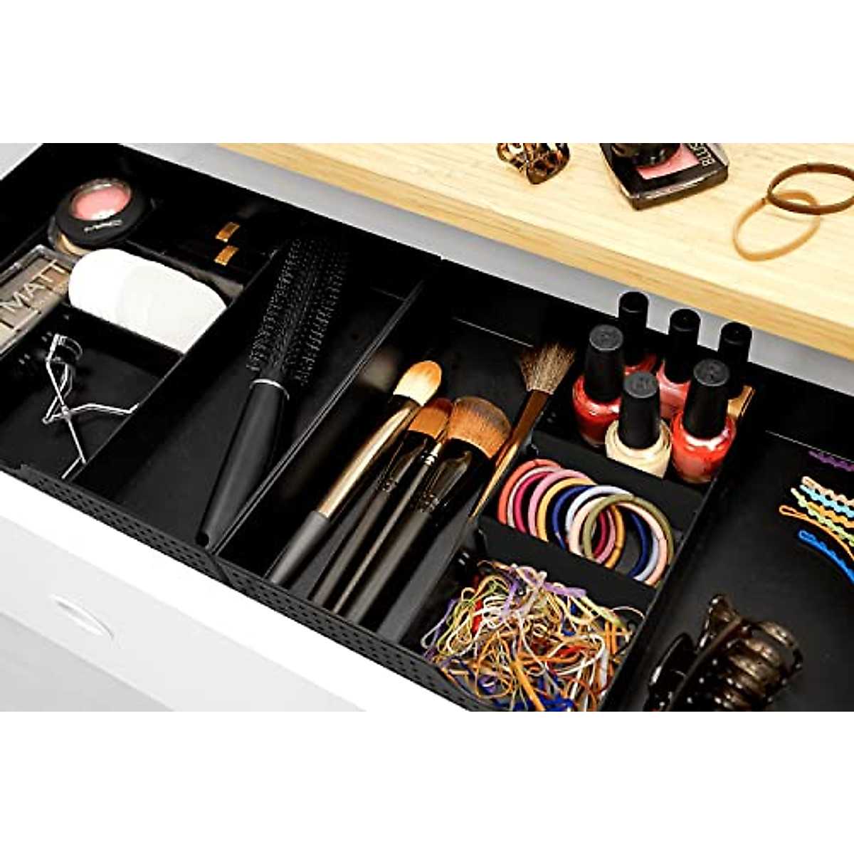 CAXXA 2 Pack 3 Slot Drawer Organizer with Two Adjustable Dividers - Junk Drawer Storage for Office Desk Supplies and Accessories, Black (2 Pack)