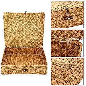 Hipiwe Flat Woven Wicker Basket Bins with Lid X-Large Natural Seagrass Storage Basket Box Multipurpose Household Basket Bins Boxes for Shelf Wardrobe Organizer, Caramel