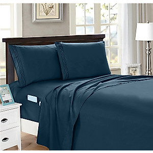Elegant Comfort 4-Piece Solid Smart Sheet Set-Deep Pocket Fitted Sheet with Side Storage Pockets-Silky Soft 1500 Thread Count Egyptian Quality Microfiber, Wrinkle and Fade Resistant, King, Navy Blue