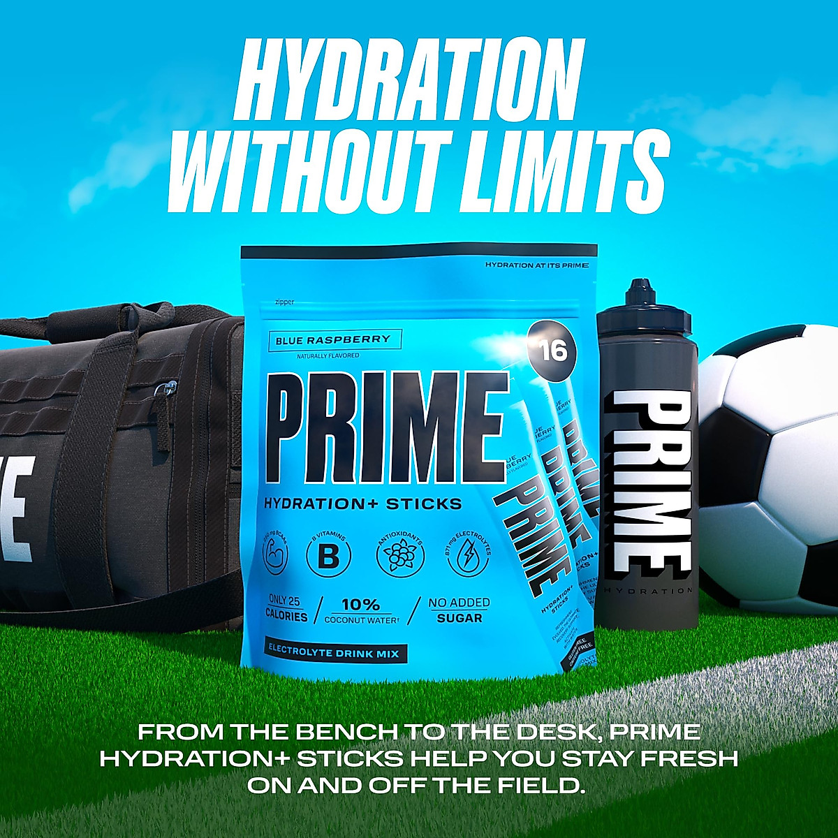 PRIME HYDRATION+ Sticks Blue Raspberry | Hydration Powder Single Serve Sticks | Electrolyte Powder On The Go | 250mg BCAAs, B Vitamins, Antioxidants | Low Sugar | Caffeine-Free | Vegan | 16 Sticks