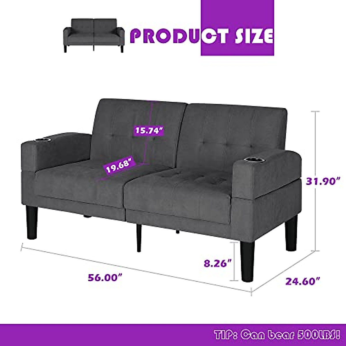 TYBOATLE Linen Upholstered Modern Love Seats Sofa with 2 USB, Fabric Loveseat Furniture w/Removable Armrests, 2 Cup Holders, Suitable for Compact Living Space, Apartment, Dorm (Dark Grey)