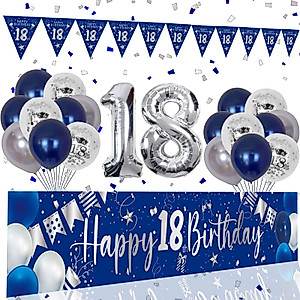 18th Birthday Decorations for Boys and Girls Blue, Happy 18th Birthday Backdrop Banner Balloons 18 Years Old Party Supplies with HAPPY BIRTHDAY Banner Silver 18 Birthday Decor 18th Bday Women Her Him