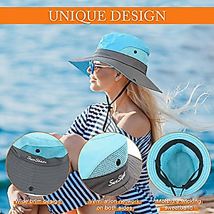 Sun Hats for Women Beach Hat Ponytail Hat Womens Sun Hat Wide Brim Sun Hat Women Sky Blue