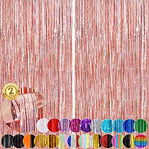Rose Gold Foil Party Streamers 2 Pack Metallic Tinsel Fringe Curtain 3.3X 8.3ft Streamer Curtains Anniversary Thanksgiving Christmas Party Photo Booth Tinsel Curtain Streamers for Parties Decoration