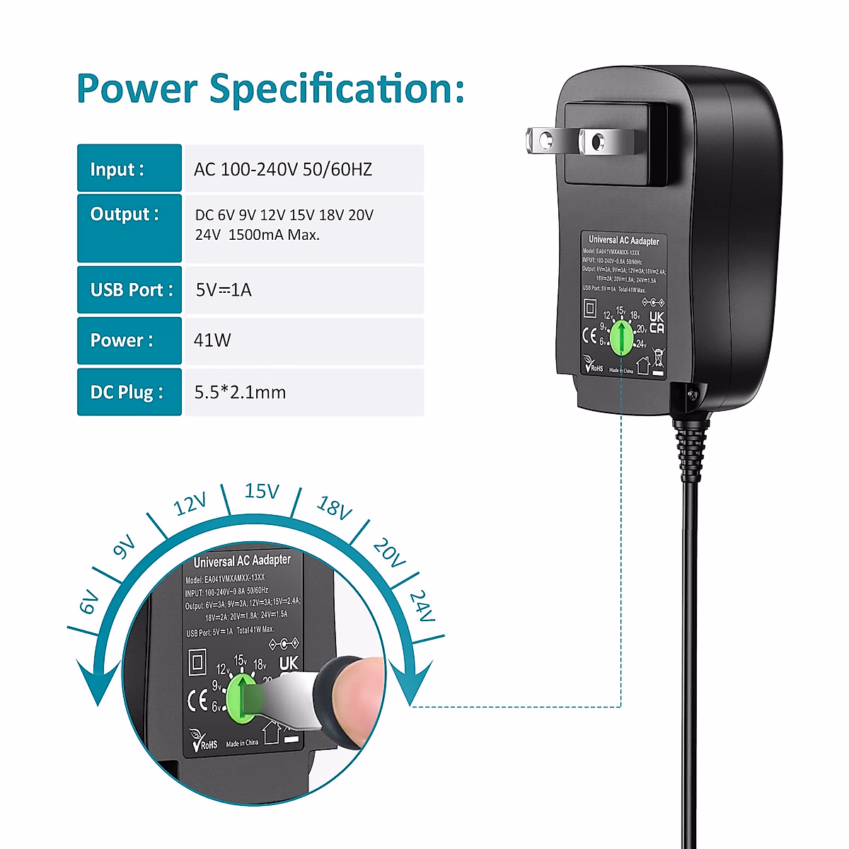 Basicvolt Universal AC/DC Adapter 41W Switching Power Supply Charger with 5V 1A USB Port, Replacement Power Cord for 6V 9V 12V 15V 18V 20V 24V Household Electronics - 1500mA Max
