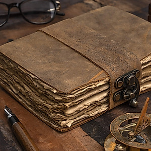 NomadCraftsCo. Vintage Leather Journal - Lock Closure, Book of Shadows Journal, Grimoire Journal, Witch Journal, Vintage Journal 240 pages Antique Deckle Edge Paper