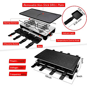 CUSIMAX Raclette Grill Electric Grill Table Portable 2 in 1 Korean BBQ Grill Indoor & Cheese Raclette, Reversible Non-stick plate, Crepe Maker with Adjustable temperature control and 8 Paddles
