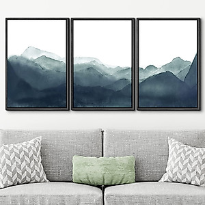 SIGNWIN Framed Canvas Print Wall Art Blue & Green Mountains in Fog Nature Wilderness Illustrations Modern Art Rustic Scenic Relax/Calm Cool for Living Room, Bedroom, Office - 16"x24"x3 Black