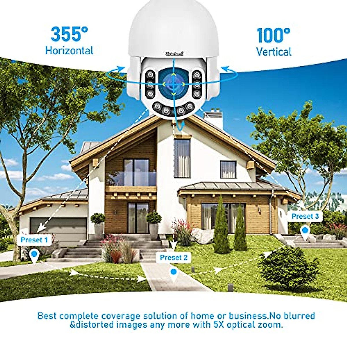 JideTech 5MP PTZ WiFi Camera Outdoor,5X Optical Zoom Camera with Auto-Tracking,200ft Night Vision, 2-Way Audio, Motion Detection Alarm, IP66 Waterproof, 128G SD Card Slot