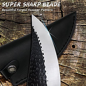 NWESTUN Viking Knife Hand Forged Boning Knife with Sheath & Pocket Knife Sharpener High Carbon Steel Meat Caveman Knife Multipurpose Chef Knives for Camping, Outdoor, Deboning, BBQ