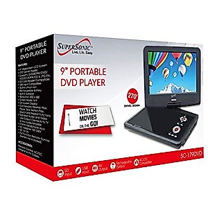 SuperSonic SC-179 Portable DVD Player 9" High Definition: USB and SD inputs with Built-in Lithium Ion Battery and Swivel Display