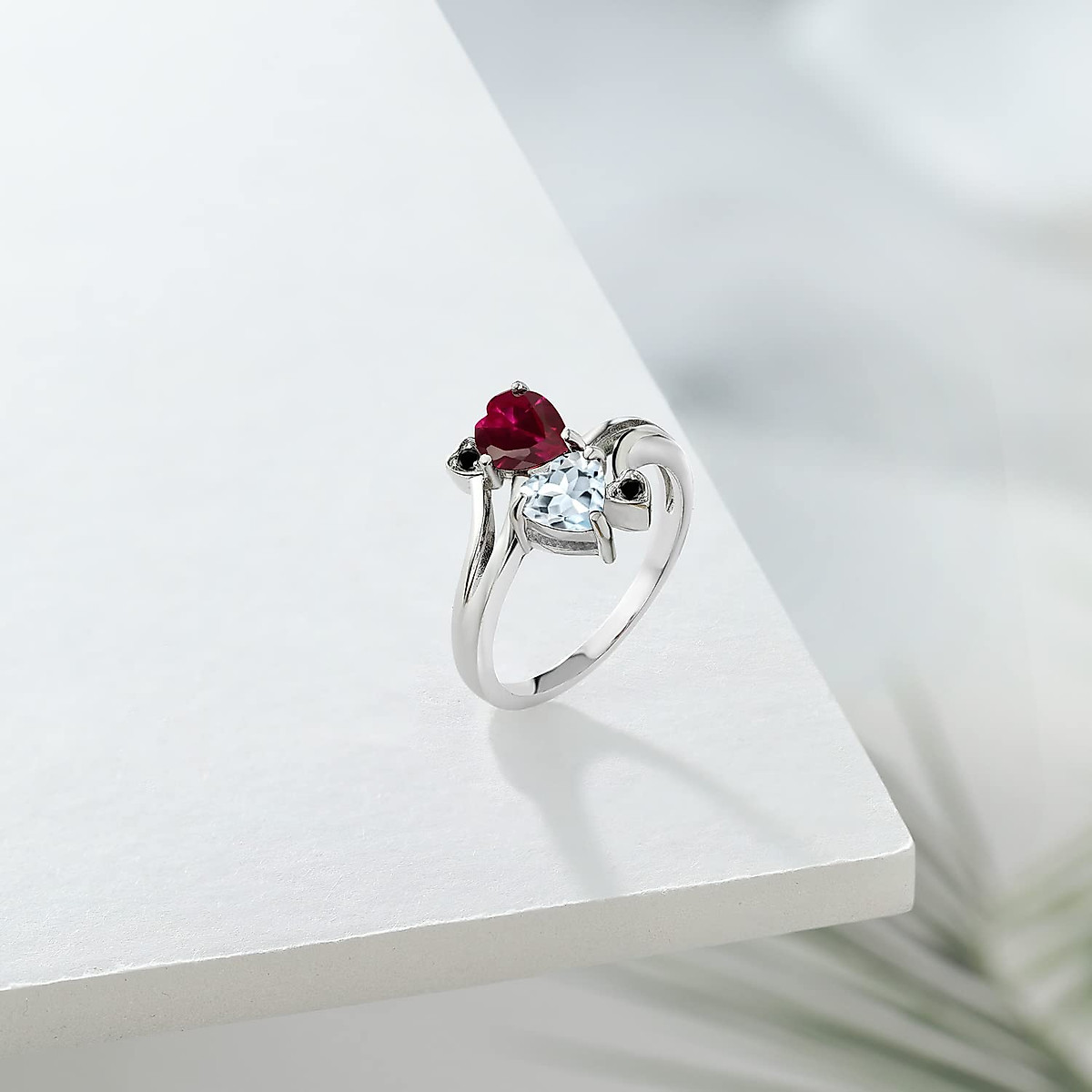 Gem Stone King 925 Sterling Silver Red Created Ruby Sky Blue Aquamarine and Black Diamond Ring For Women (1.73 Cttw, Heart Shape 6MM, Gemstone July Birthstone, Available In Size 5, 6, 7, 8, 9)