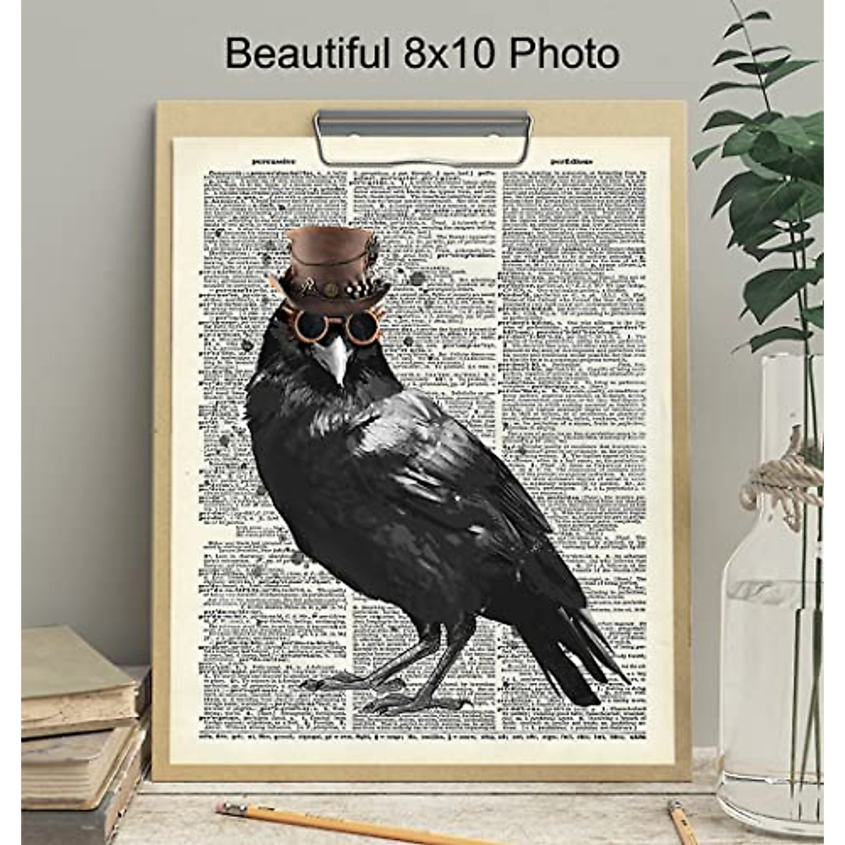 Steampunk Edgar Allan Poe The Raven Wall Art - Gothic Home Decor - Goth Room Decor - Renaissance Hipster Dictionary Art Accessories for Bedroom, Living Room - Hipster Gift for Men, Women