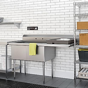 KoolMore 63 in. 18-Gauge 2-Compartment Commercial Sink with Backsplash and 24 in. Right Drainboard, Bowl dimensions 18"x24"x14" in Stainless-Steel (KM-SB182414-24R3)