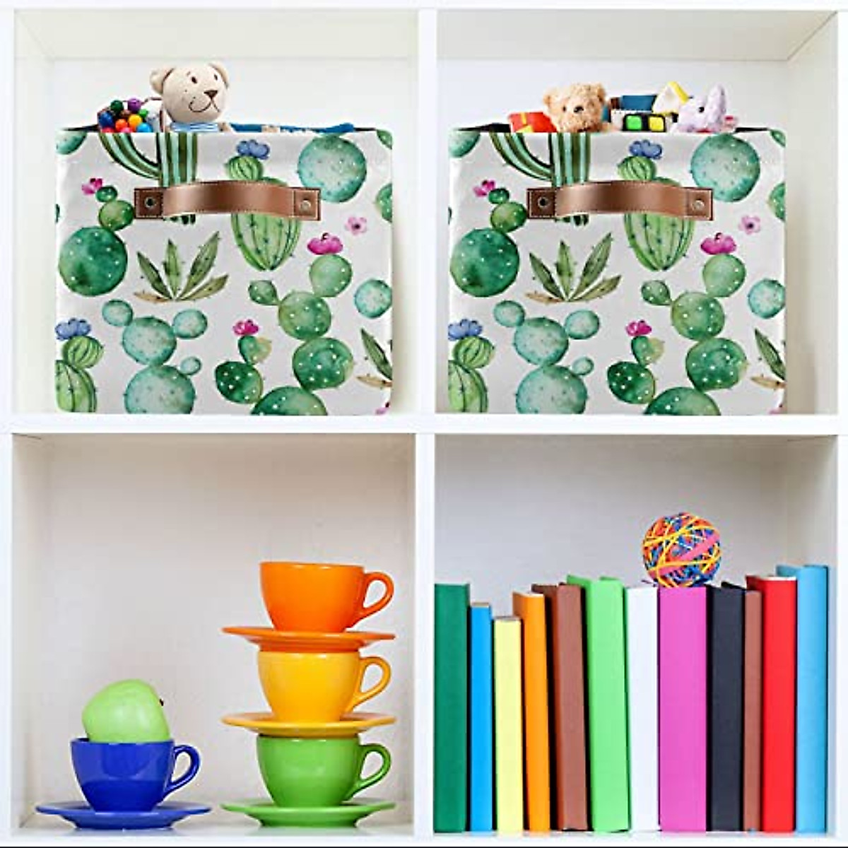ALAZA Green Cactus Plant Flower Foldable Storage Box Storage Basket Organizer Bins with Handles for Shelf Closet Living Room Bedroom Home Office 2 Pack