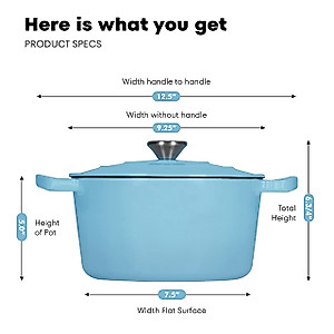 Klee 4-Quart Dutch Oven Pot with Self-Basting Lid (Dusty-blue) - Heavy-Duty Enameled Cast Iron Dutch Oven Casserole Dish for Braising, Broiling, Baking, Frying, and More - Oven-Safe Up To 500°F