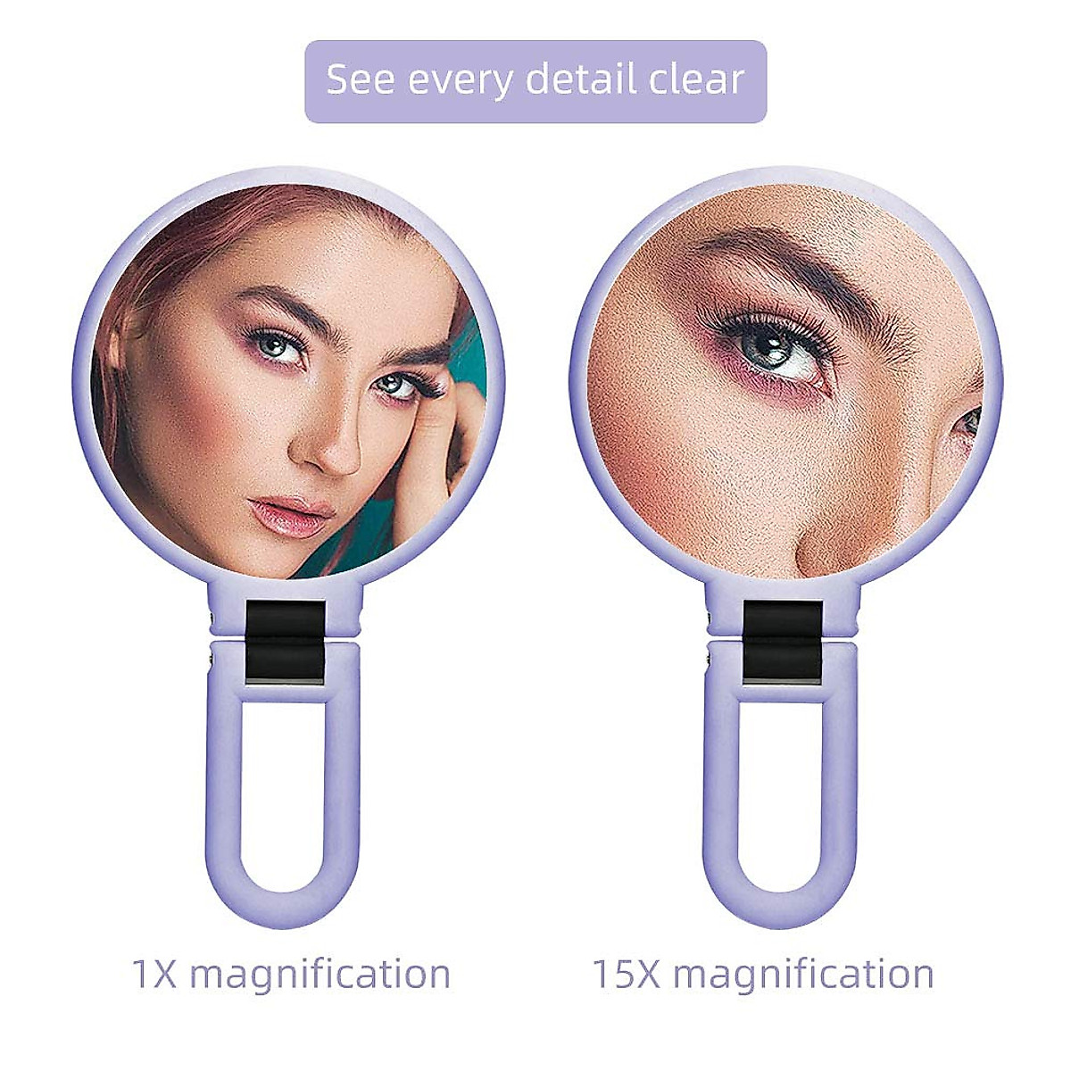 Dolovemk Travel Makeup Mirror with Stand,Suspended Makeup Mirror,Hand Mirrors with Handle Double Side,Travel Folding Hand Held Mirror 15x Magnification(Purple)
