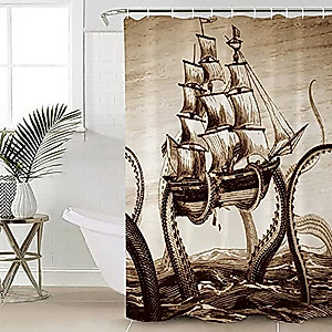 BestLives 4 Pcs Shower Curtain Sets with Rugs Pirate Boat Non-Slip Soft Toilet Lid Cover for Bathroom Ocean Animal Kraken Octopus Bathroom Sets with Bath Mat and 12 Hooks