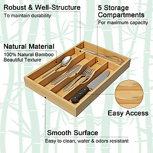 Youpehom Bamboo Utensil Organizer for Kitchen Drawers, Utensil Tray and Cutlery Silverware Holder,Wood Drawer Dividers with 5 Slots