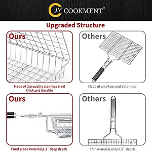 JY COOKMENT Grill Basket Stainless Steel with Portable Removable Handle, Grilling Basket-BBQ Accessories for Vegetable, Shrimp, Fish, Steak and Outdoor Use-Dishwasher Safe