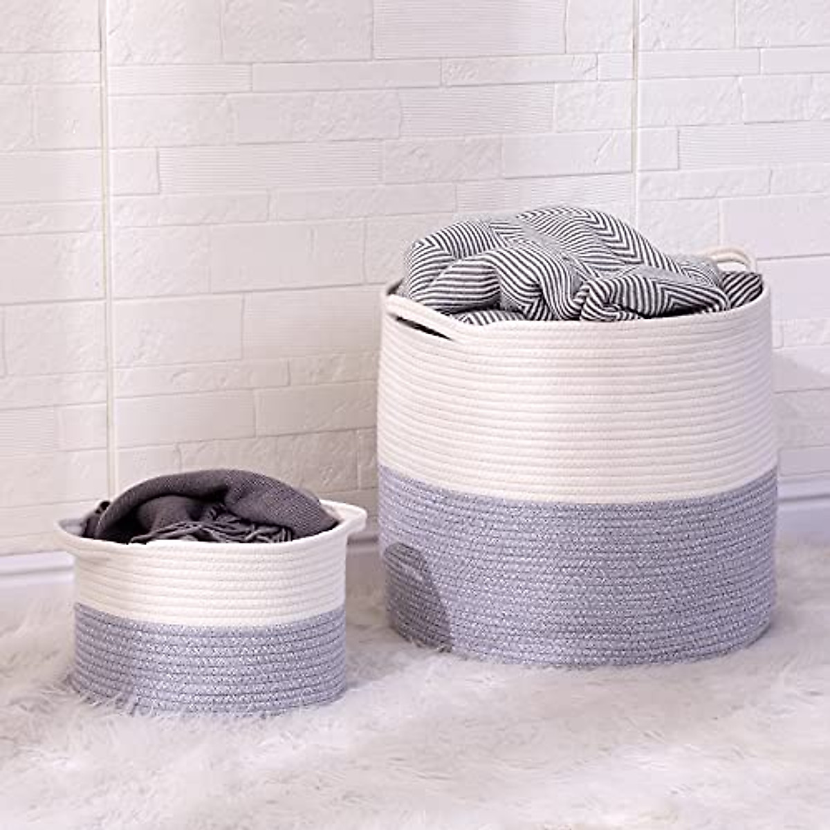MRECHIR 2pc Large Woven Cotton Rope Basket with Handles 18" x 15" Laundry Hamper - Blanket Basket Living Room - Basket for Toys-Decorative Baskets for Storage - Pillow Basket - White&Grey