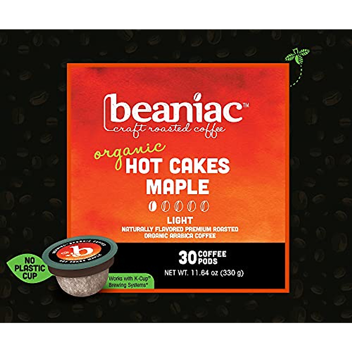 beaniac Hot Cakes Maple, Flavored Light Roast, Single Serve Compostable K Cup Coffee Pods, Organic Arabica Coffee with Natural Flavors, Keurig Brewer Compatible, 30 Count